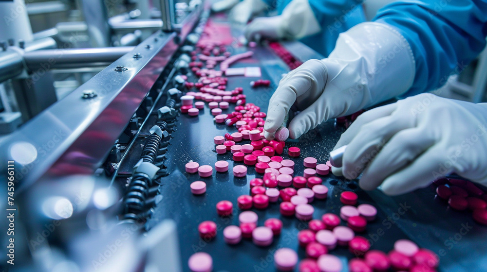 In the intricate process of pharmaceutical manufacturing, a close-up ...