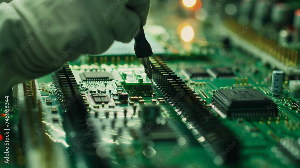In the intricate process of microchip fabrication, a close-up shot ...