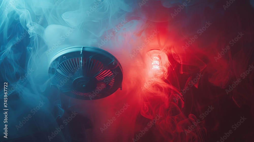 Smoke detector and fire alarm in action background with copy space ...