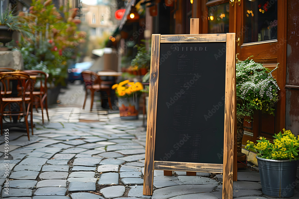 Blank blackboard restaurant shop sign or menu boards near the entrance ...