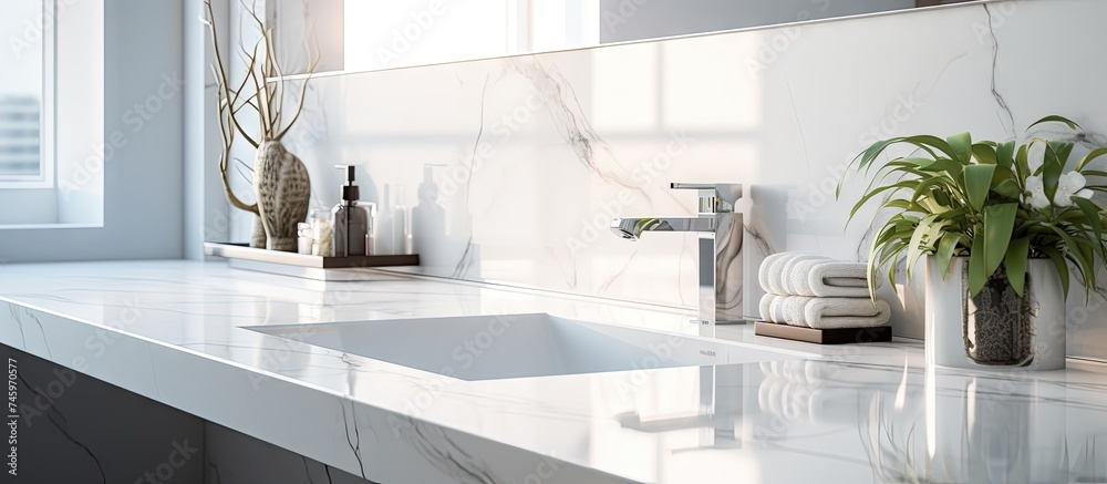 A modern white marble bathroom counter featuring a sleek sink and a ...