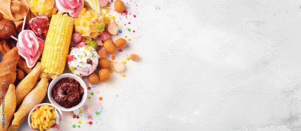 A variety of carnival-themed foods are showcased on a white marble ...