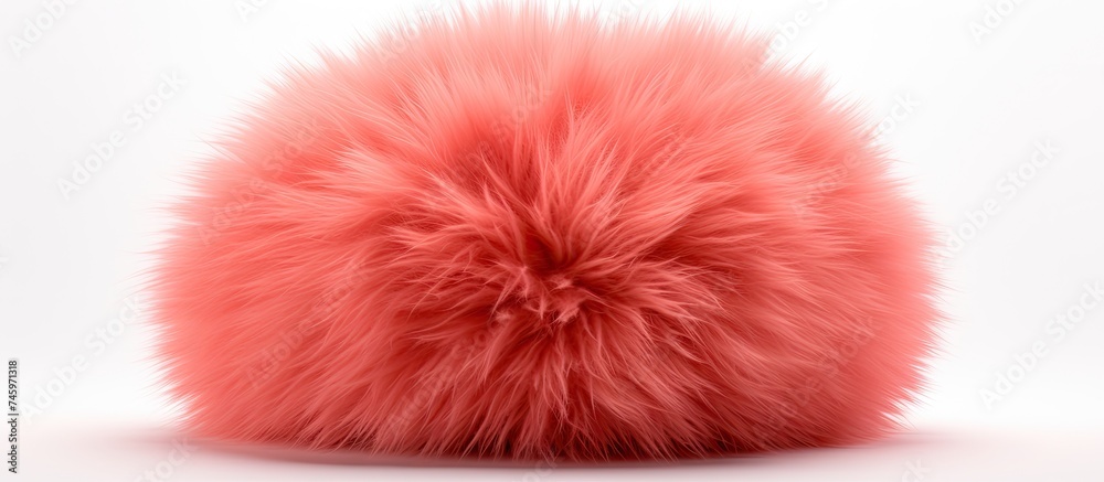 A soft pink fur ball is placed on a plain white surface, showcasing its ...