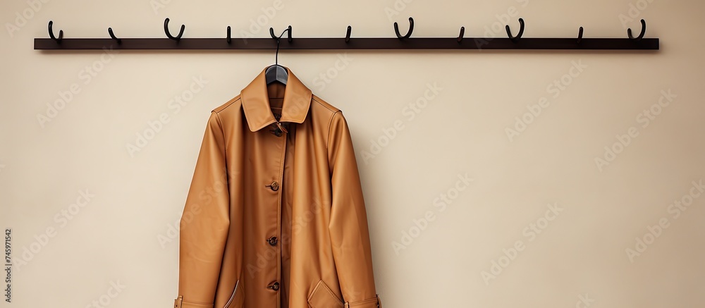 Two coats are neatly hung on a coat rack mounted on a white wall ...