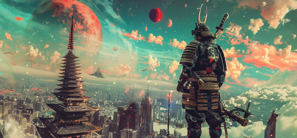 A samurai with futuristic armor stands atop a skyscraper, overlooking a ...