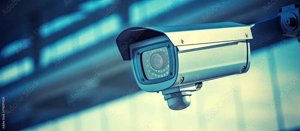 A blue-toned modern industry IP CCTV security camera is attached to a ...