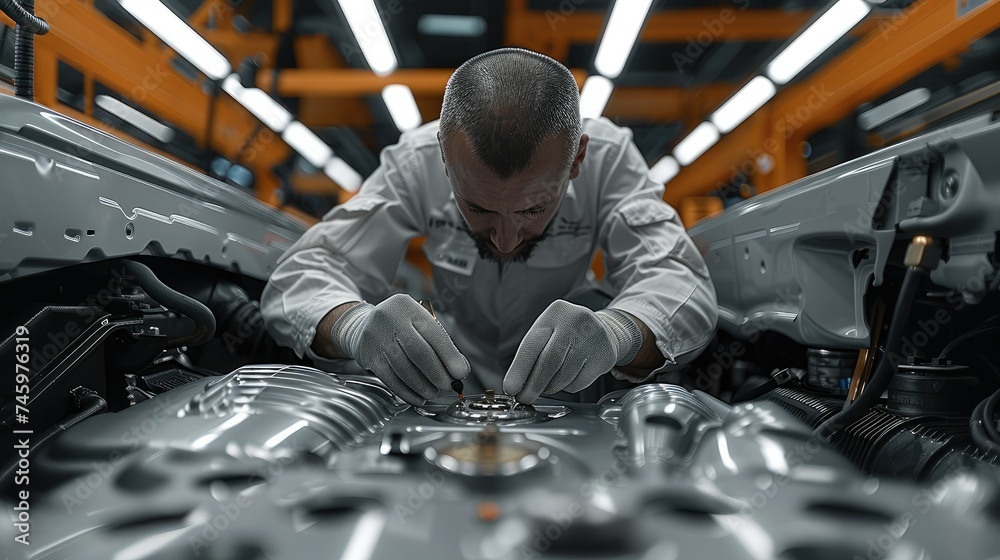 Car mechanic during an oil change on car engine bay. Generative AI ...
