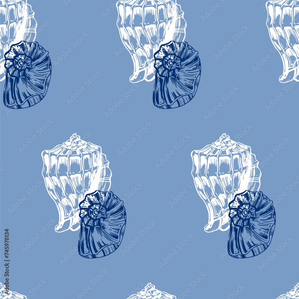 Seamless pattern of shells of underwater inhabitants. Marine background ...