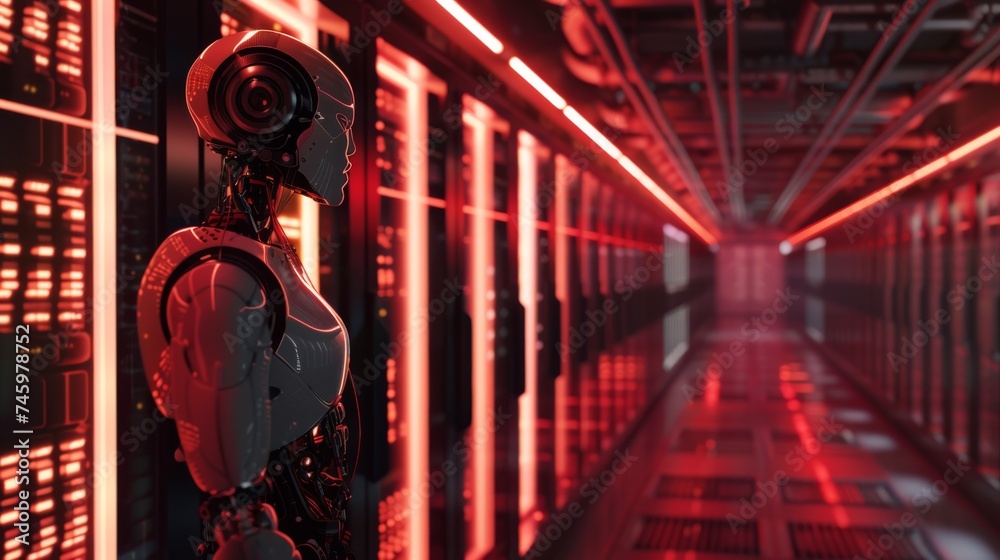 A humanoid robot with a detailed mechanical design stands in a data ...