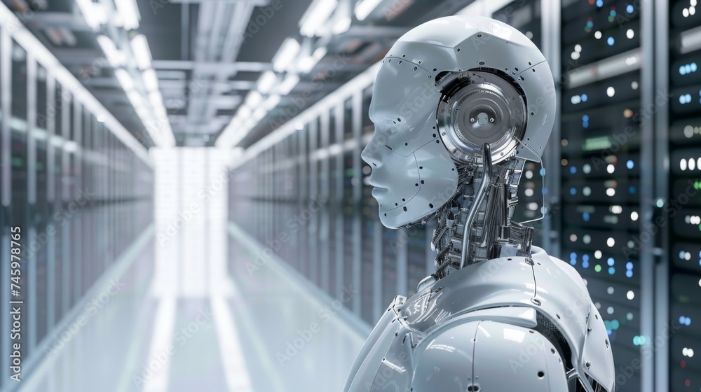 A humanoid robot with a detailed mechanical design stands in a data ...