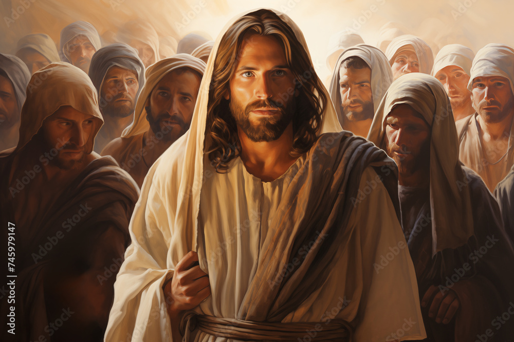 Painting of Jesus together with the disciples and the crowd in prayer ...