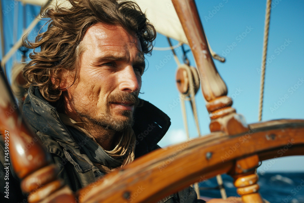 Young pirate captain sails his ship by taking the helm Stock Photo ...
