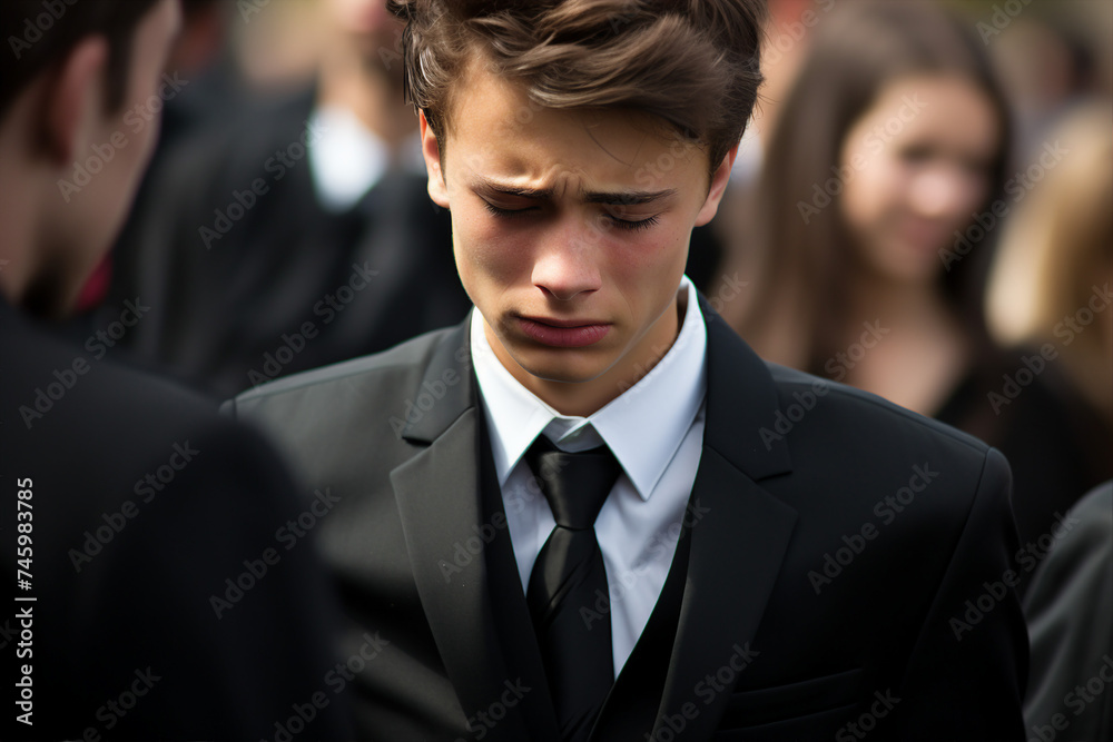 Generative ai picture of crying sad boy in a black suit on funeral ...