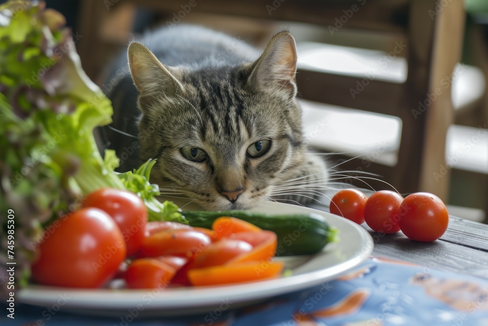 Domestic cat with a curious gaze at a plate of fresh vegetables on a ...