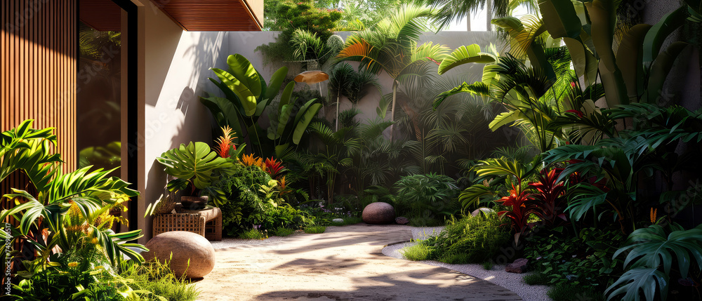 Patio of suburban house with view on jungle, tropical forest. Luxury ...
