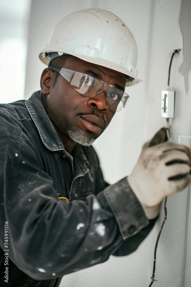 Professional electrician technician in white helmet and uniform ...
