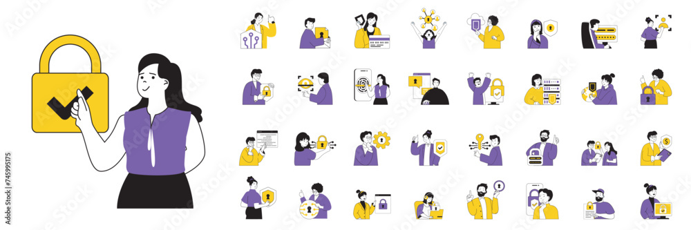Cyber security concept with character situations mega set in flat web ...