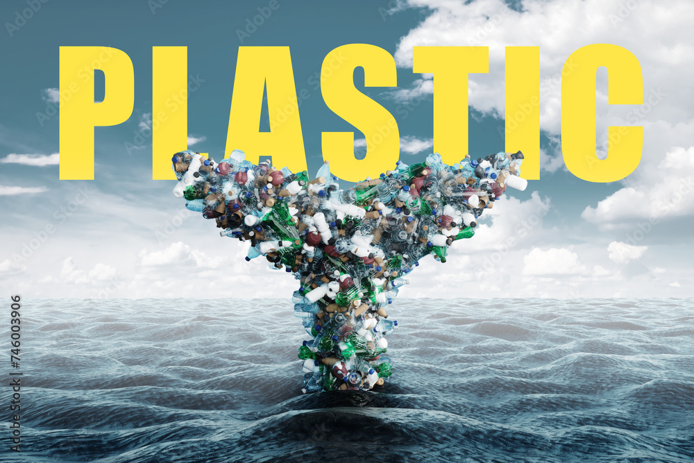 Concept plastic in the ocean, whale tail consisting of plastic bottles ...