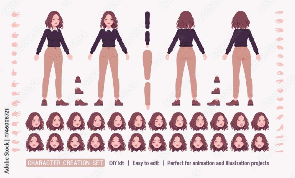 Young woman, pretty girl in cute outfit DIY character creation set ...