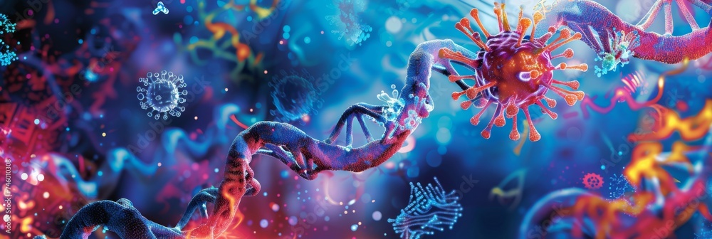 Vibrant DNA strands and viruses illustration - Brightly colored ...