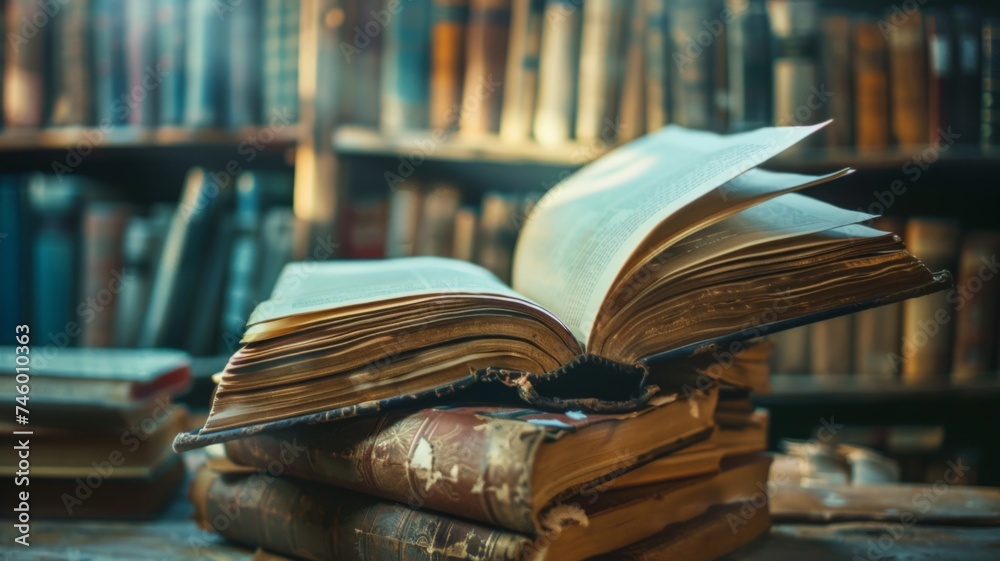 Vintage books piled in a classic library - A pile of ancient, worn ...