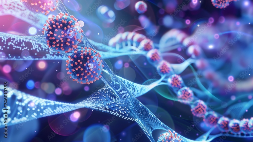 Vivid depiction of viruses on DNA strand - Close-up of infectious virus ...