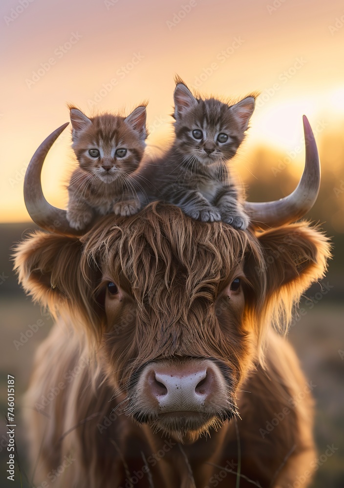 A thick-coated Scottish highland cow with a kitten on its head. An ...