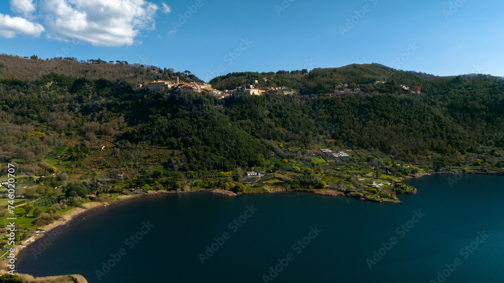 Aerial view of Nemi, a town of Castelli Romani regional park, in the ...