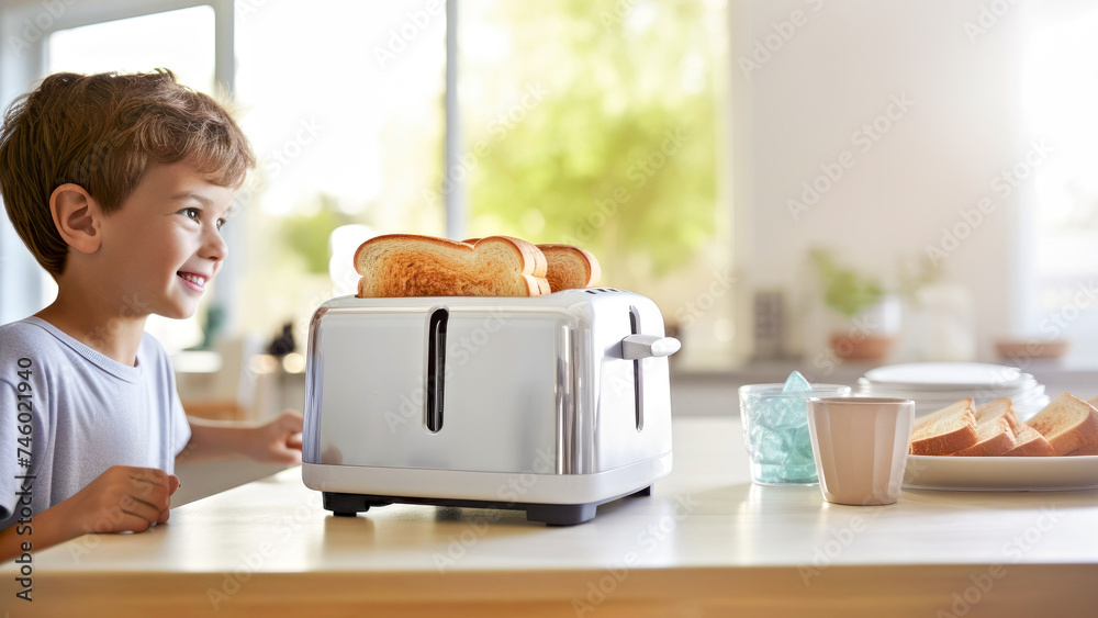 Boy child smiles waiting fresh toasted hot toast from toaster. Sunlight ...