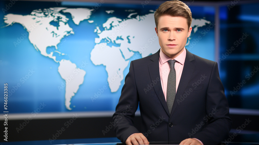 Young confident handsome male tv news presenter on a popular channel ...