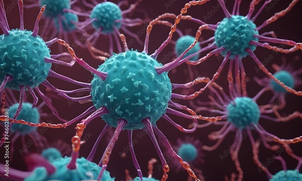 A 3D illustration of spherical viral particles with prominent surface ...