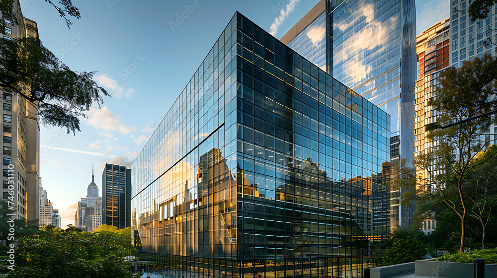 Edifício de vidro Luzes da cidade refletidas na fachada em amplo plano ...