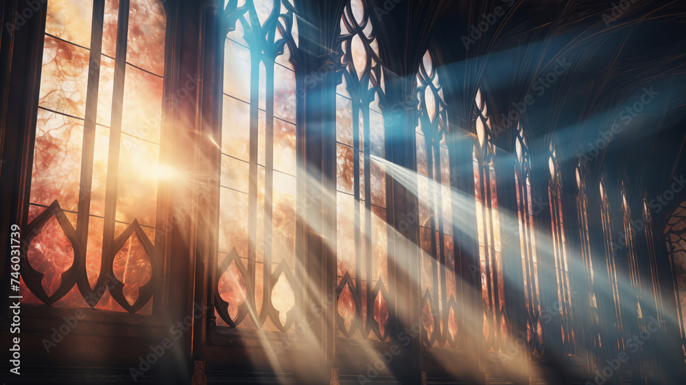 Sun rays piercing through colorful stained glass windows, casting ...