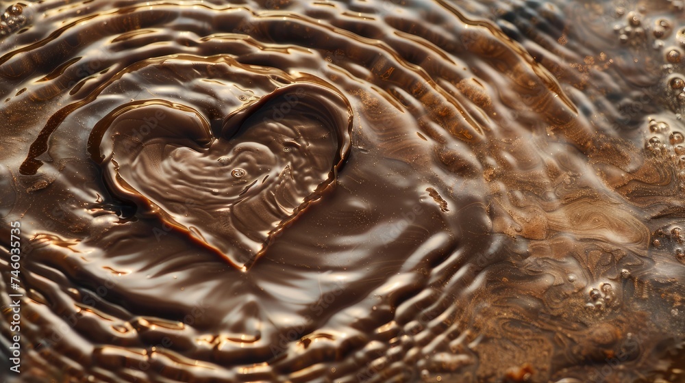 Our image features heart shape ripples on a chocolate surface-an ...