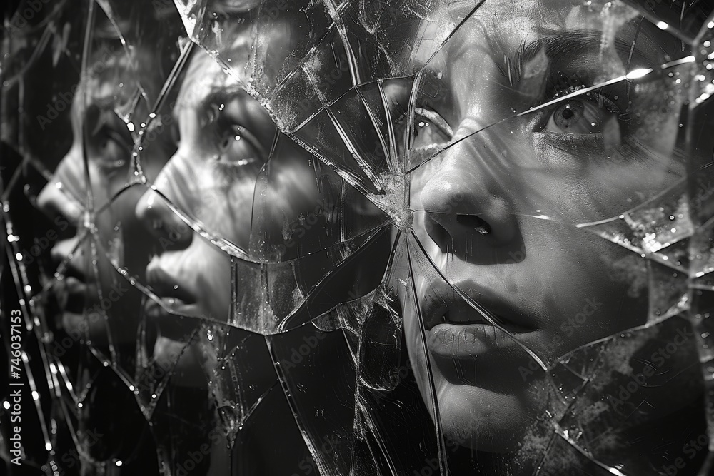 Multiple reflections of a person's face in shattered glass, conveying ...