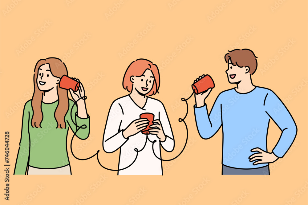 People use telephone made of cups and ropes, eagerly exchanging ...