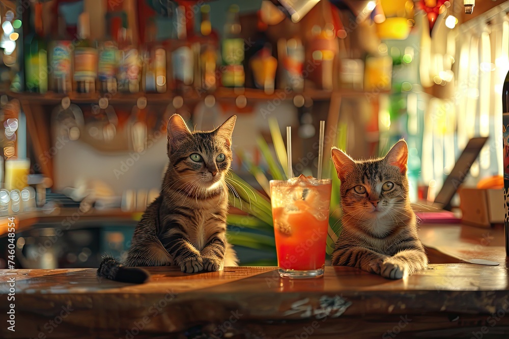 Beach Bar Counter with Color Drinks, Happy Cats Couple Ordering Two ...