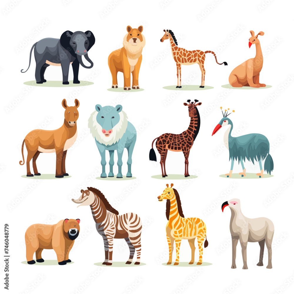 Collection of zoo animals. Set of capybara, flamingo, lion, elephant ...