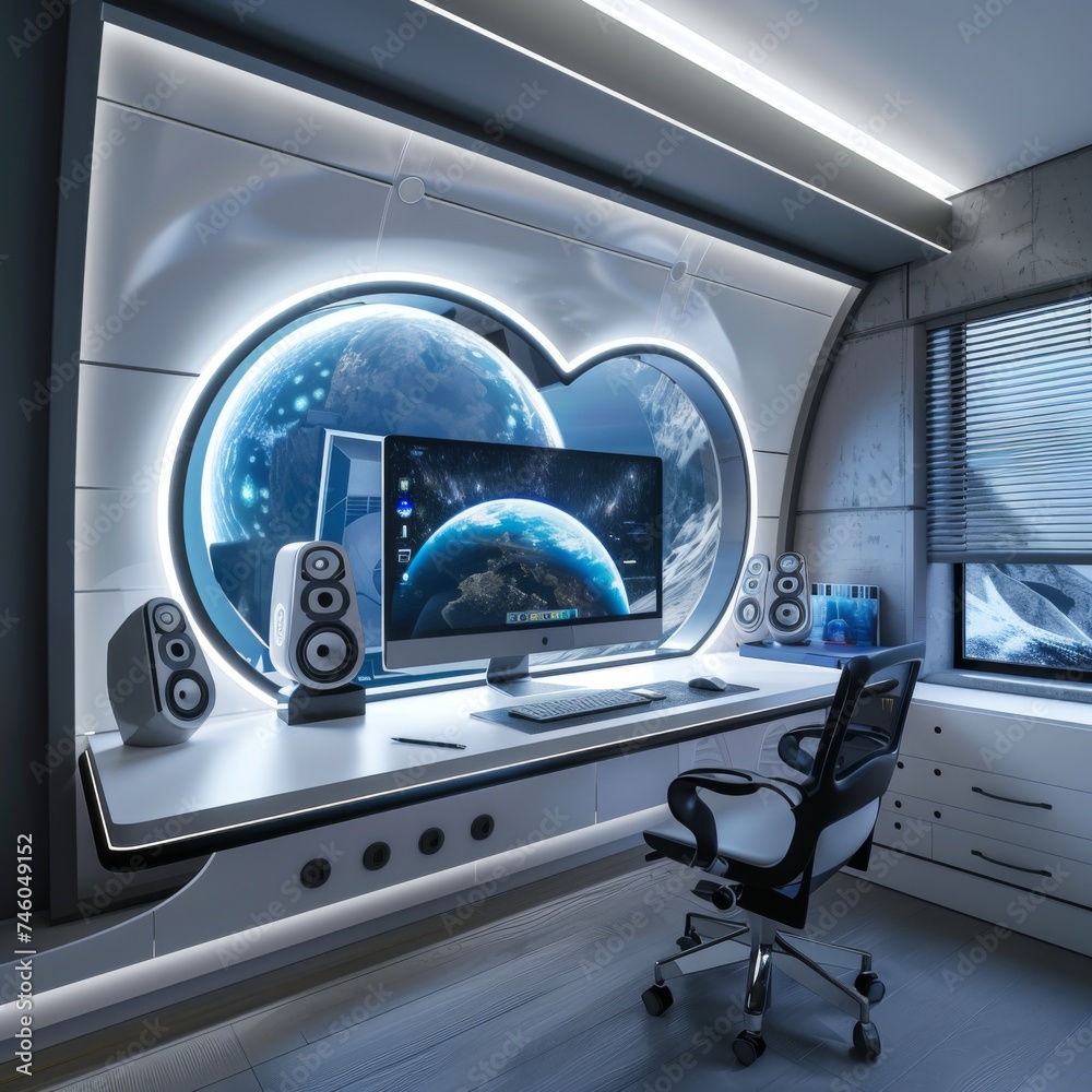 Futuristic home office with earth view from window - A contemporary ...