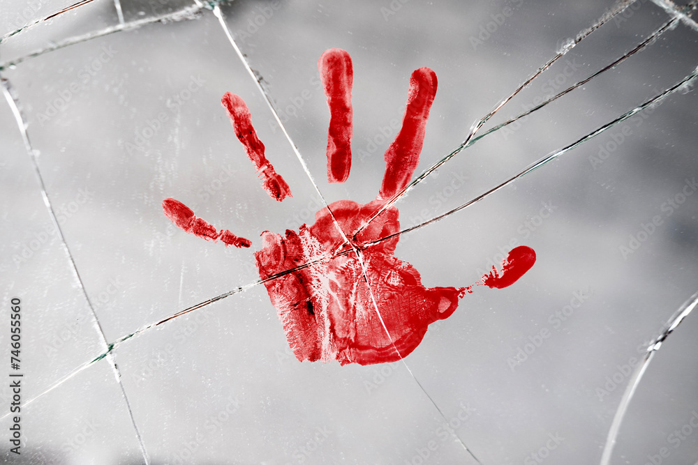 red bloody handprint of child on broken mirror, glass, cracks, Horror ...