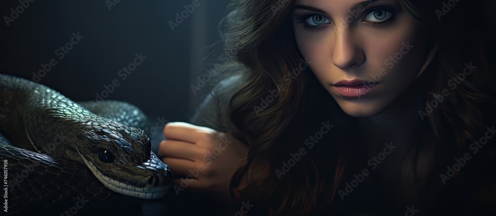 Seductive Woman with Snake Tattoo Embracing Reptile with Intense Stare in Moody Studio Setting ...