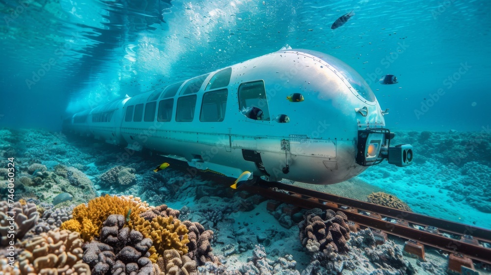 Underwater train submerged in a coral reef - This image shows a unique ...