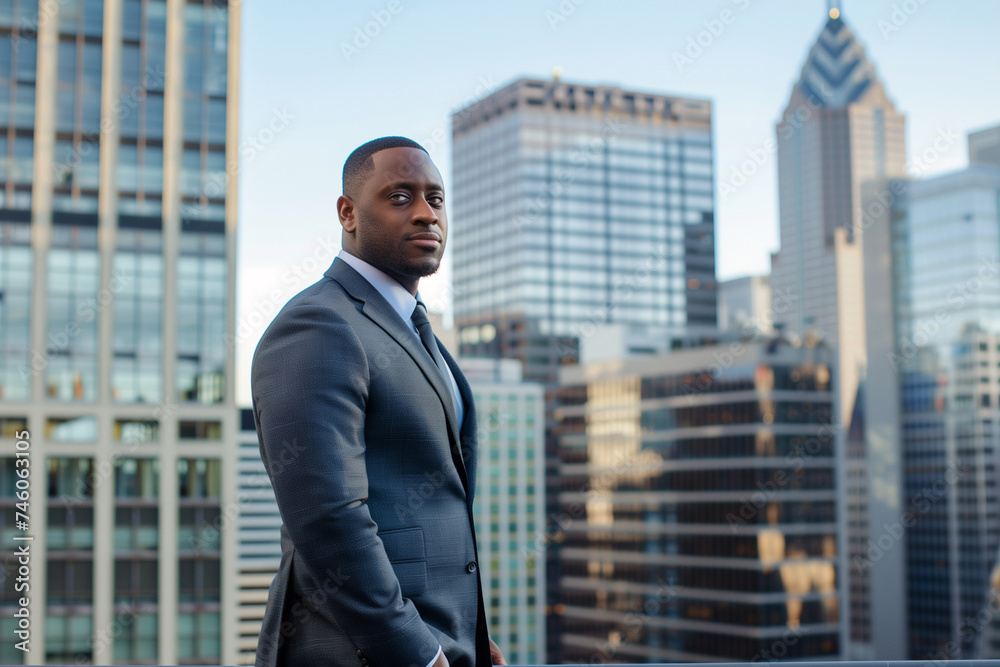 Young Black African American Businessman in Suit Standing Before Urban ...