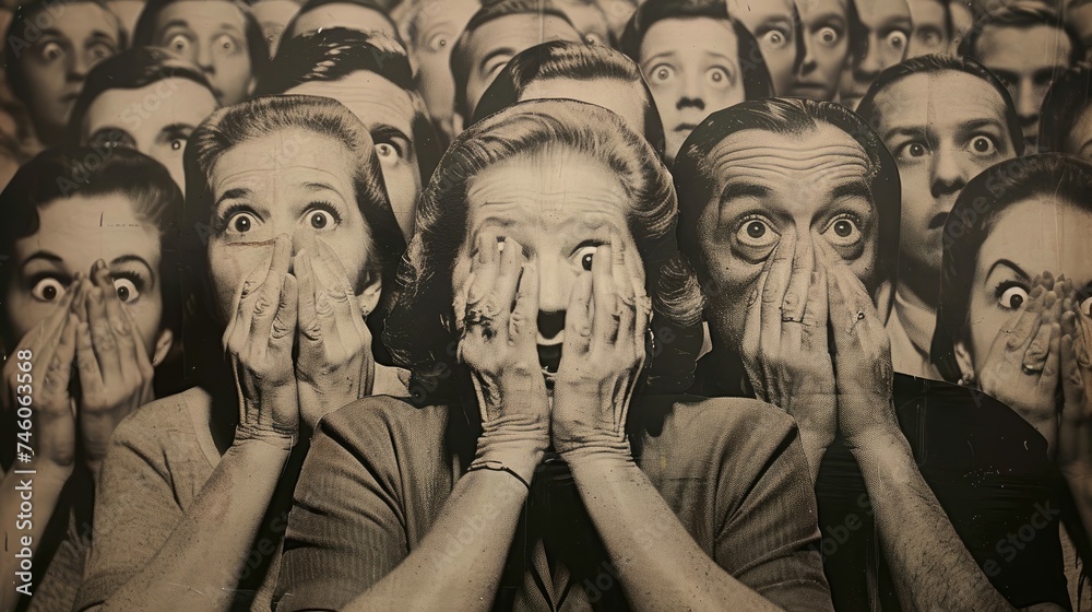Vintage crowd with shocked expressions covering mouths. Stock Photo ...