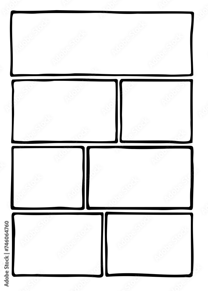A vertical comic book panel featuring seven empty, neatly drawn ...