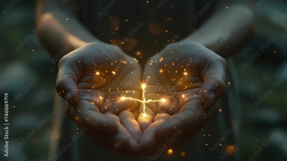 Symmetrical hands forming a circle around a glowing medical cross ...
