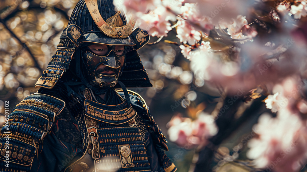 a legendary samurai warrior clad in samurai armor, standing stoically ...