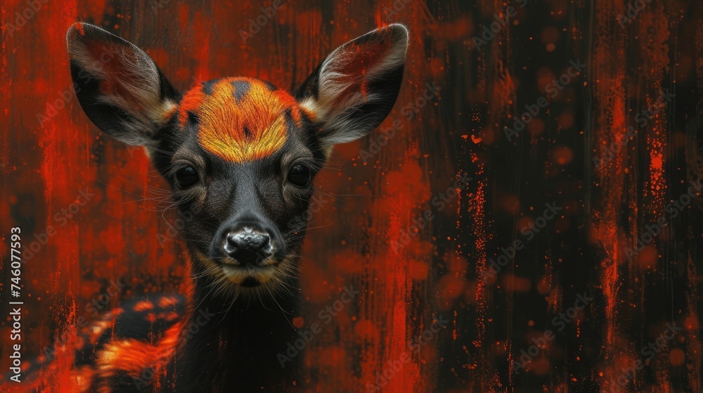 a close up of a deer's face with a red and orange pattern on it's ...