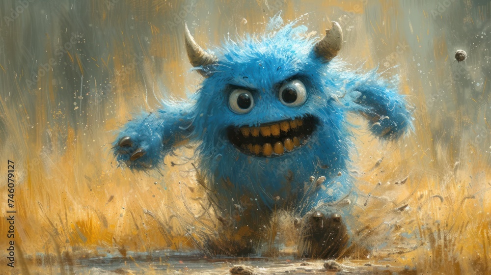 a painting of a blue monster running through a field of dry grass with ...