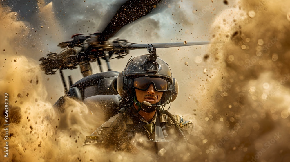 Intense military action captured with a helicopter pilot in combat gear. dramatic sky and dust ...